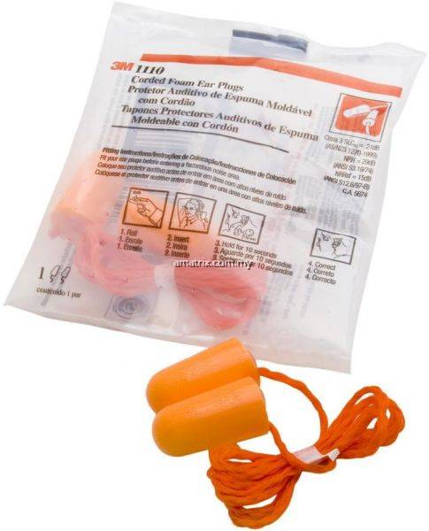 3M 1110 Corded Disposable Earplugs 100 prs / box